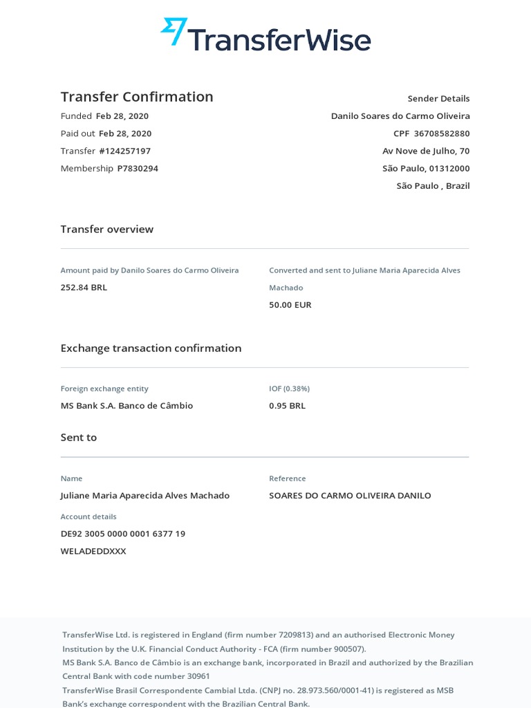 Transferwise Receipt 124257197 | PDF | Banks | Brazil