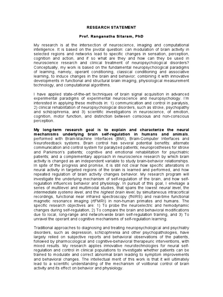 Research Statement Sitaram 2013 | PDF | Neuroscience | Neuropsychology