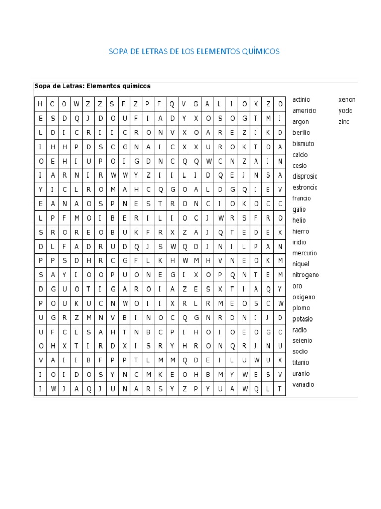 2 - Sopa de Letras de Los Elementos Químicos | PDF