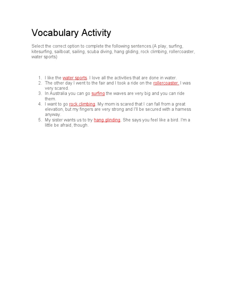 Fun Vocabulary Activity on Water Sports | PDF