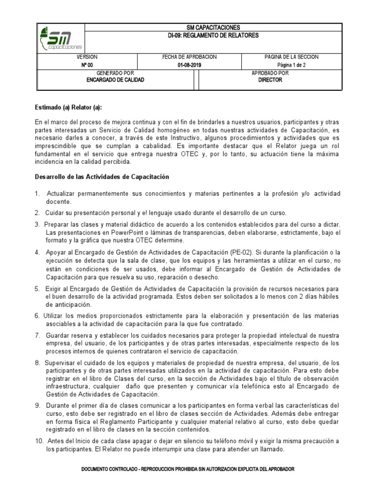 doc-DI-09-v00 (Reglamento Del Relator) | PDF | Business