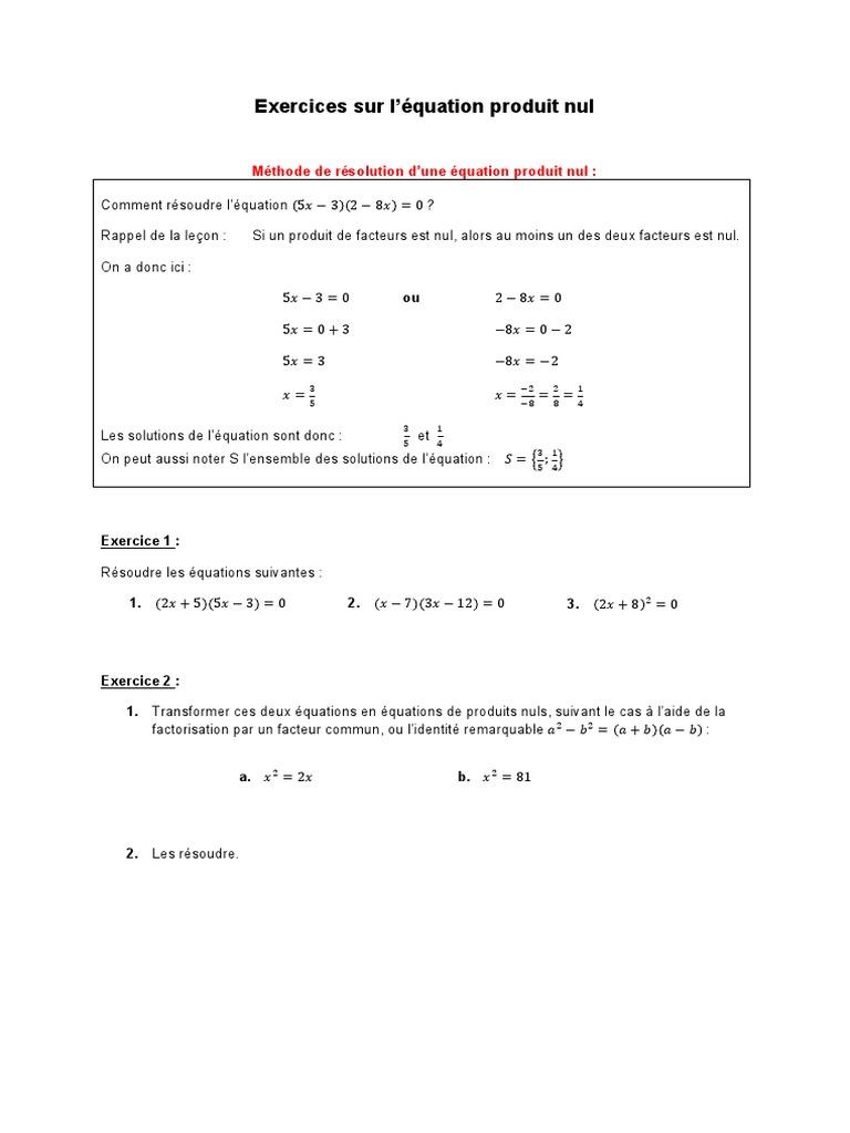 Exercices - Équation - Produit - Nul PDF | PDF