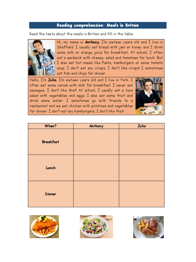 Reading Comprehension: Meals in Britain: When? Anthony Julia | PDF ...