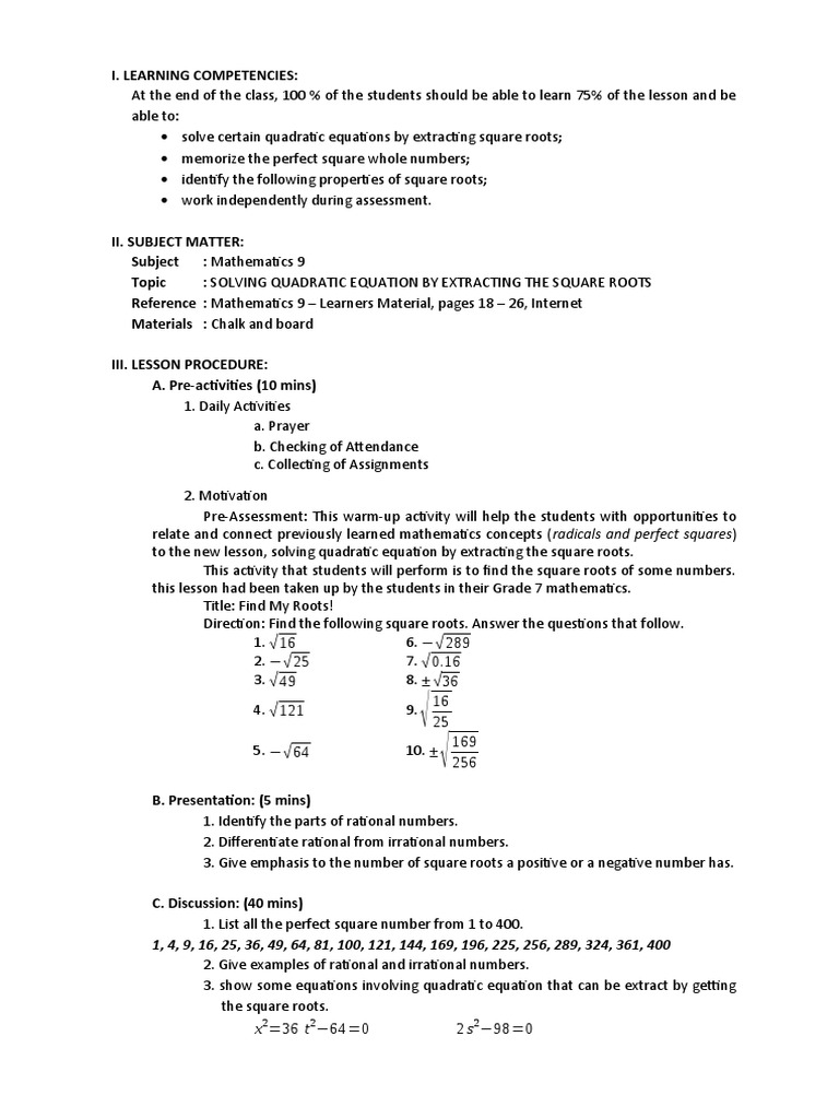 Solving Quadratics by Extracting Roots | PDF | Square Root | Quadratic ...