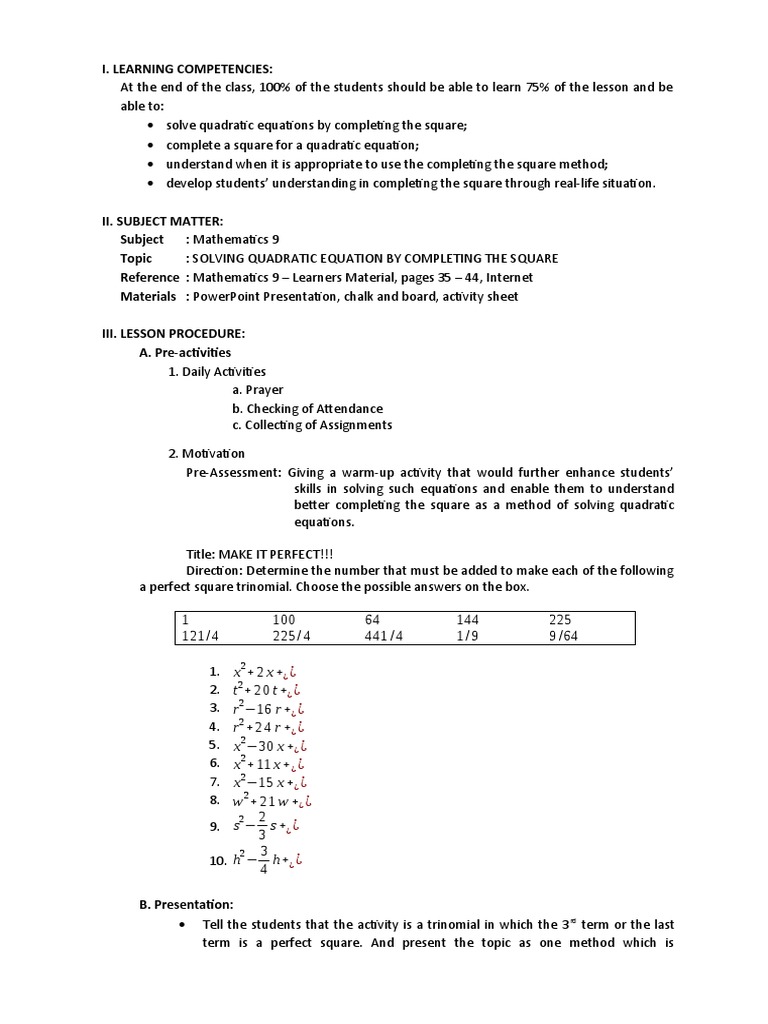 Solving QE (Completing The Square) | PDF | Quadratic Equation | Equations