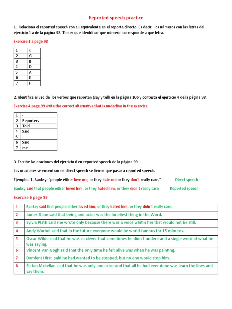 Reported Speech Practice: Exercise 1 A Page 98 | PDF | Language Arts ...