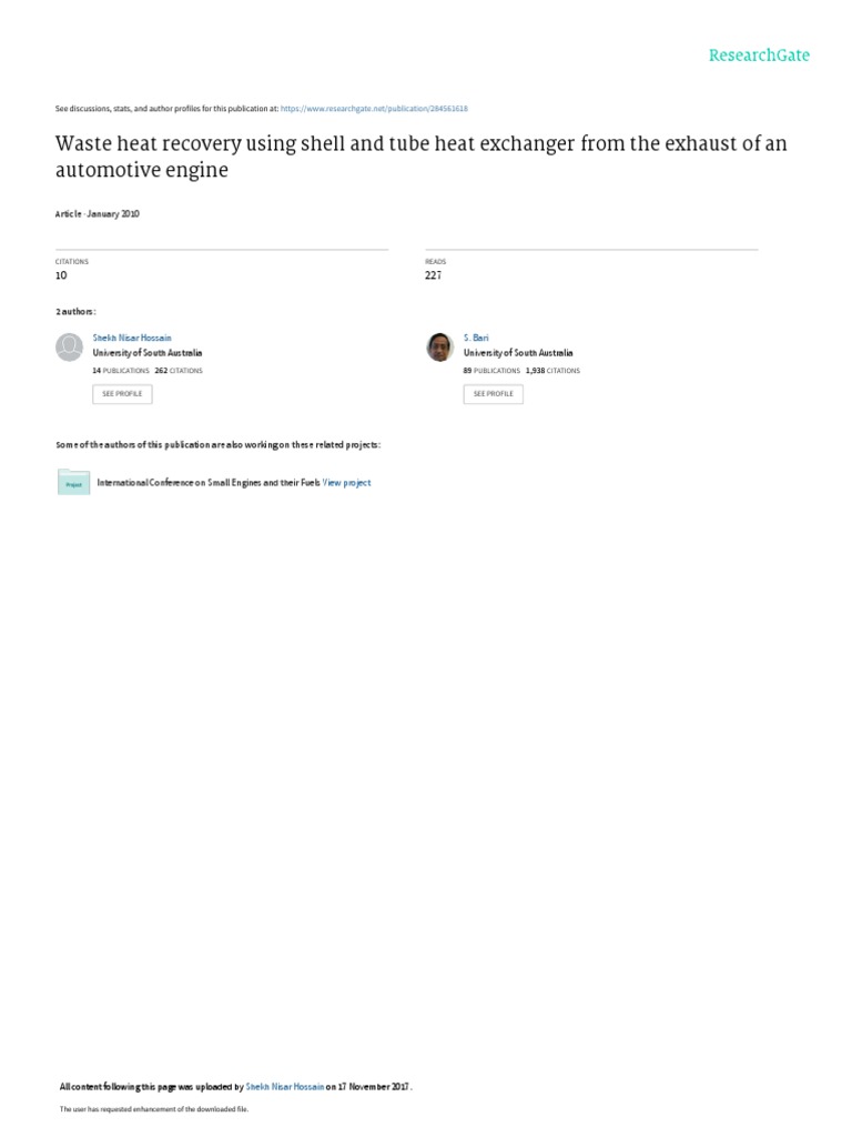 Waste Heat Recovery Using Shell and Tube Heat Exch | PDF | Engines | Heat Exchanger