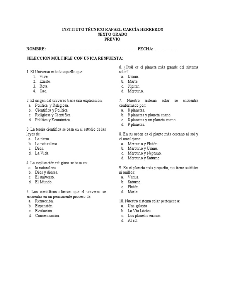Examen 6° | PDF | Planetas | Sistema solar