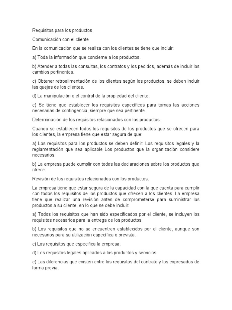 Requisitos para Los Productos | PDF | Cliente | Calidad (comercial)