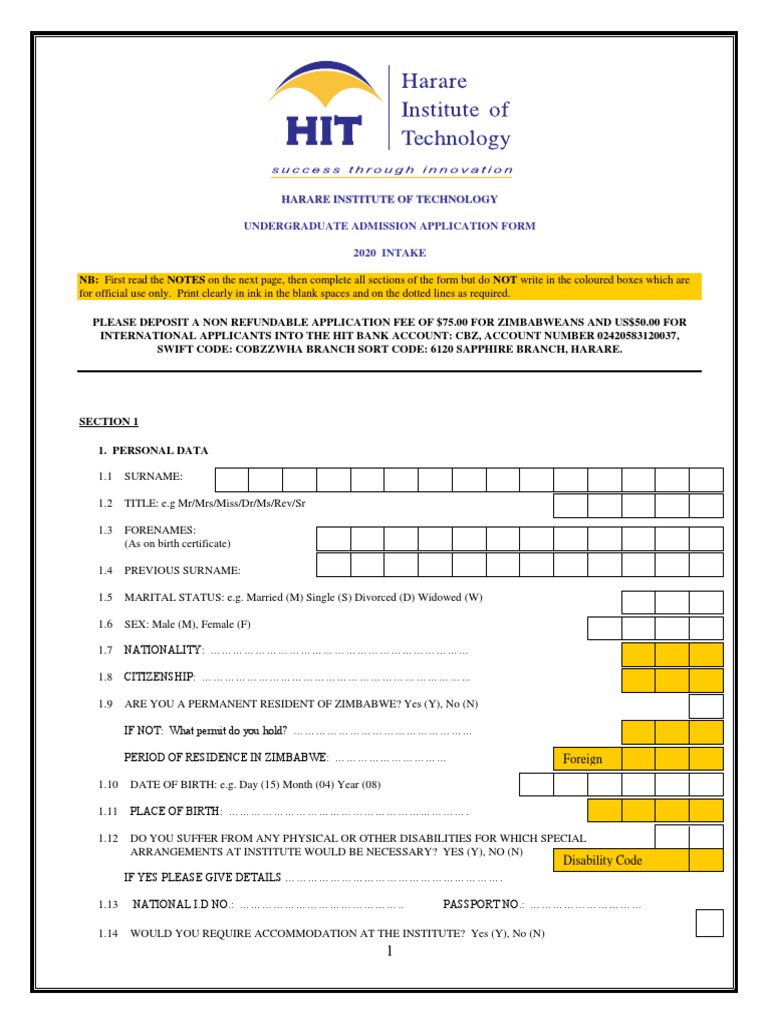 HIT Undergraduate Admission Form 2020 | PDF | Academic Degree ...