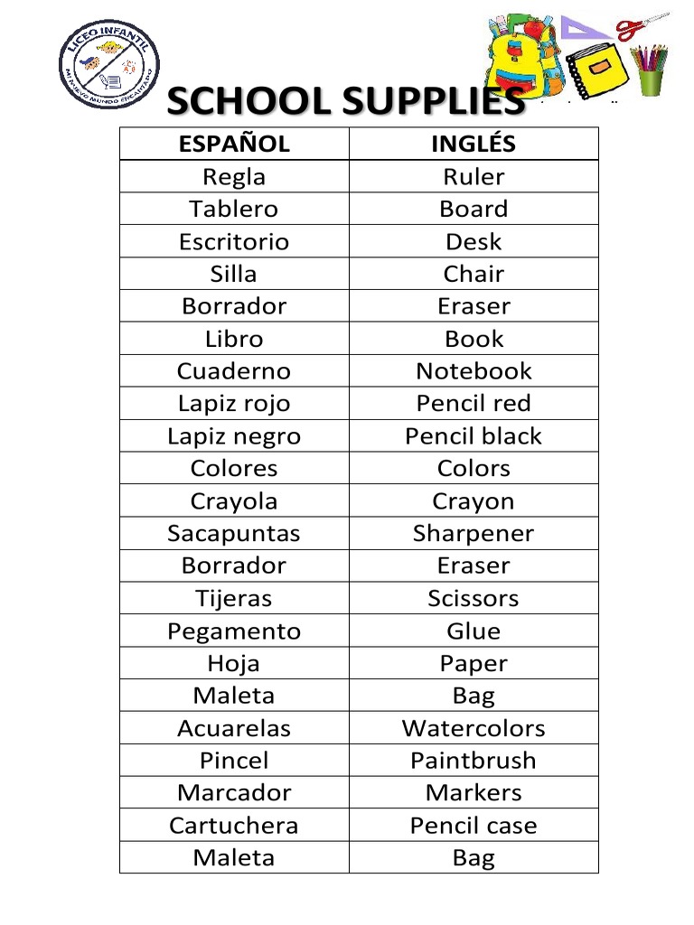 Vocabulario Utiles Escolares | PDF