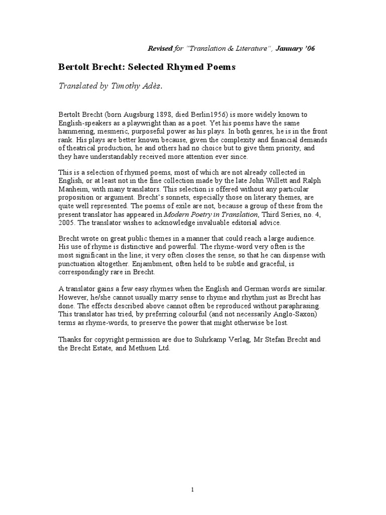 Bertolt Brecht: Selected Rhymed Poems: Translated by Timothy Adès ...
