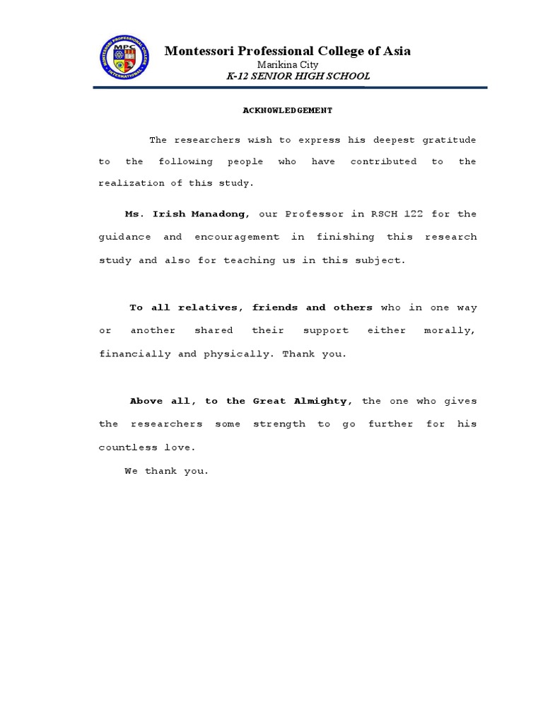 Acknowledgment for Montessori Research | PDF | Career & Growth | Self ...