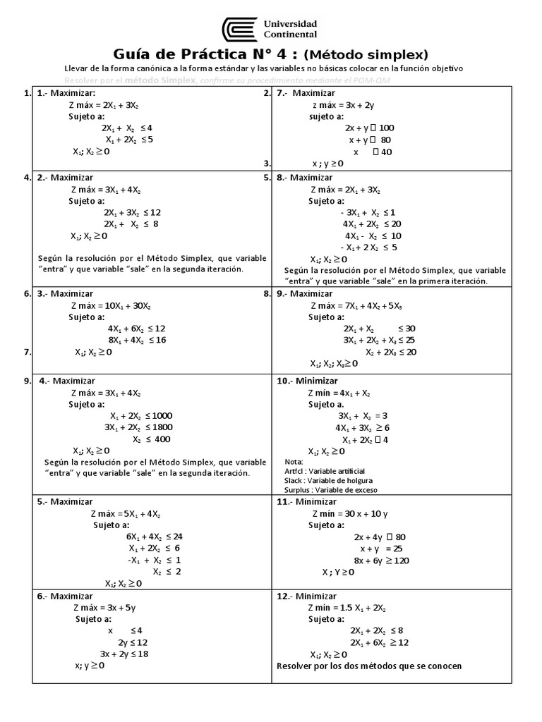 Guia Practica #4 Metodo Simplex 26 Abril | PDF | Optimización Matemática | Algoritmos