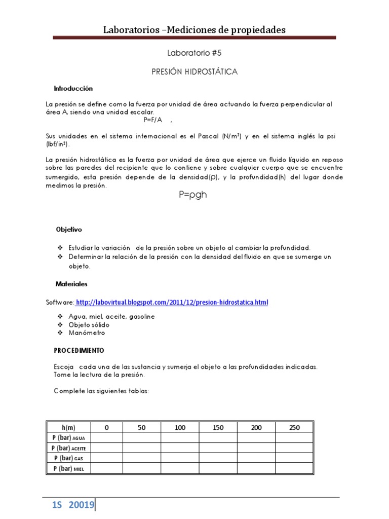 Laboratorio 05 Presión Hidrostática PDF | PDF