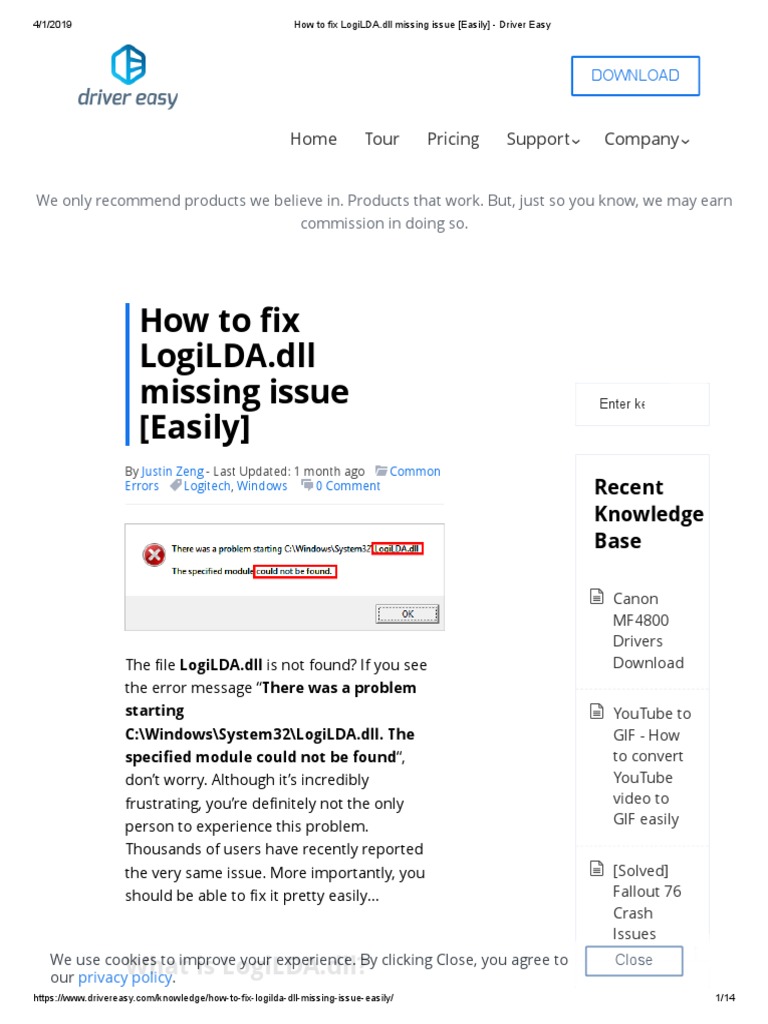 How To Fix LogiLDA - DLL Missing Issue (Easily) - Driver Easy | PDF | Windows Registry | Http Cookie