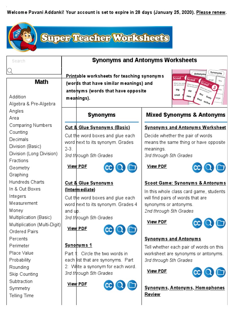 Synonyms and Antonyms Worksheets | PDF | Reading Comprehension | Phonics