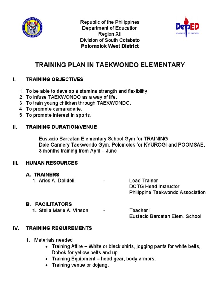 Training Plan in Taekwondo Elementary: Polomolok West District | PDF