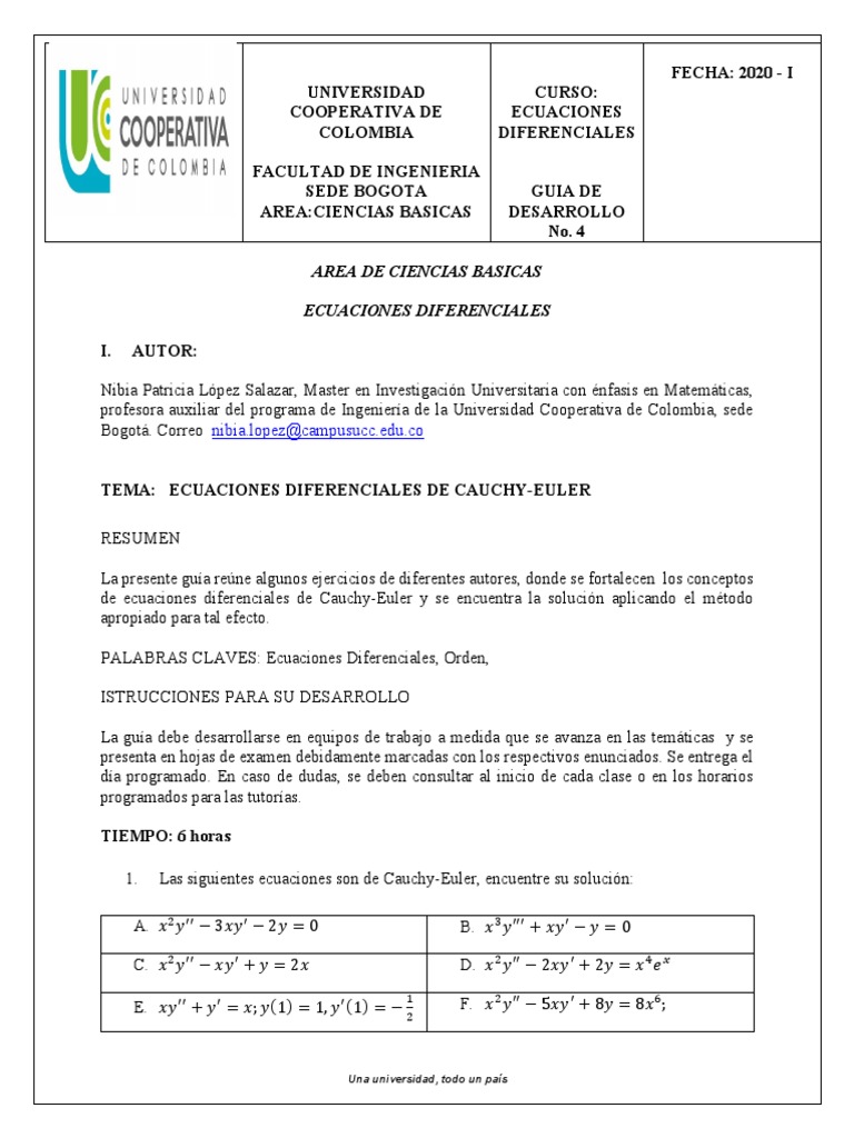 Guia de Edo Cauchy-Euler 2020-1 | PDF | Ecuaciones | Enseñanza de matemática
