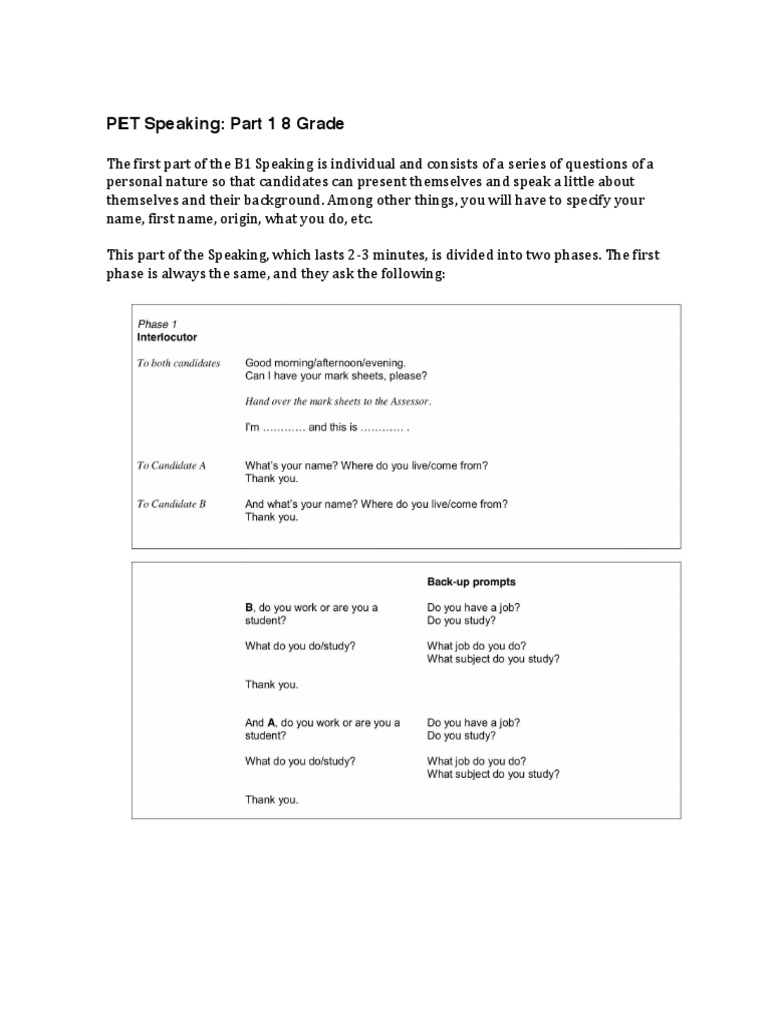 PET Speaking Part 1 Guide PDF | PDF