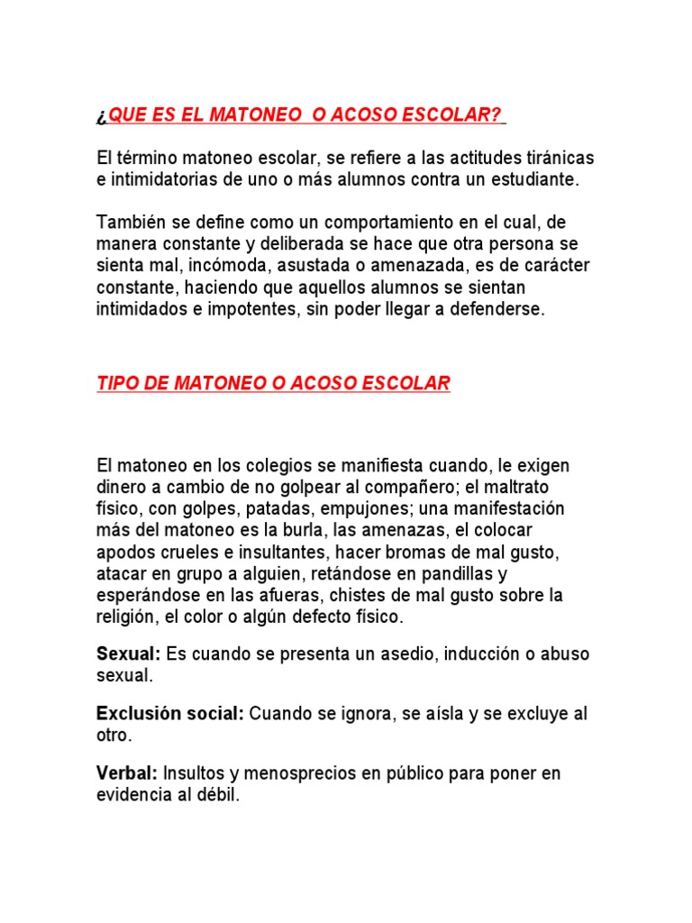 Que Es El Matoneo o Acoso Escolar | PDF | Violencia | Acción (filosofía)