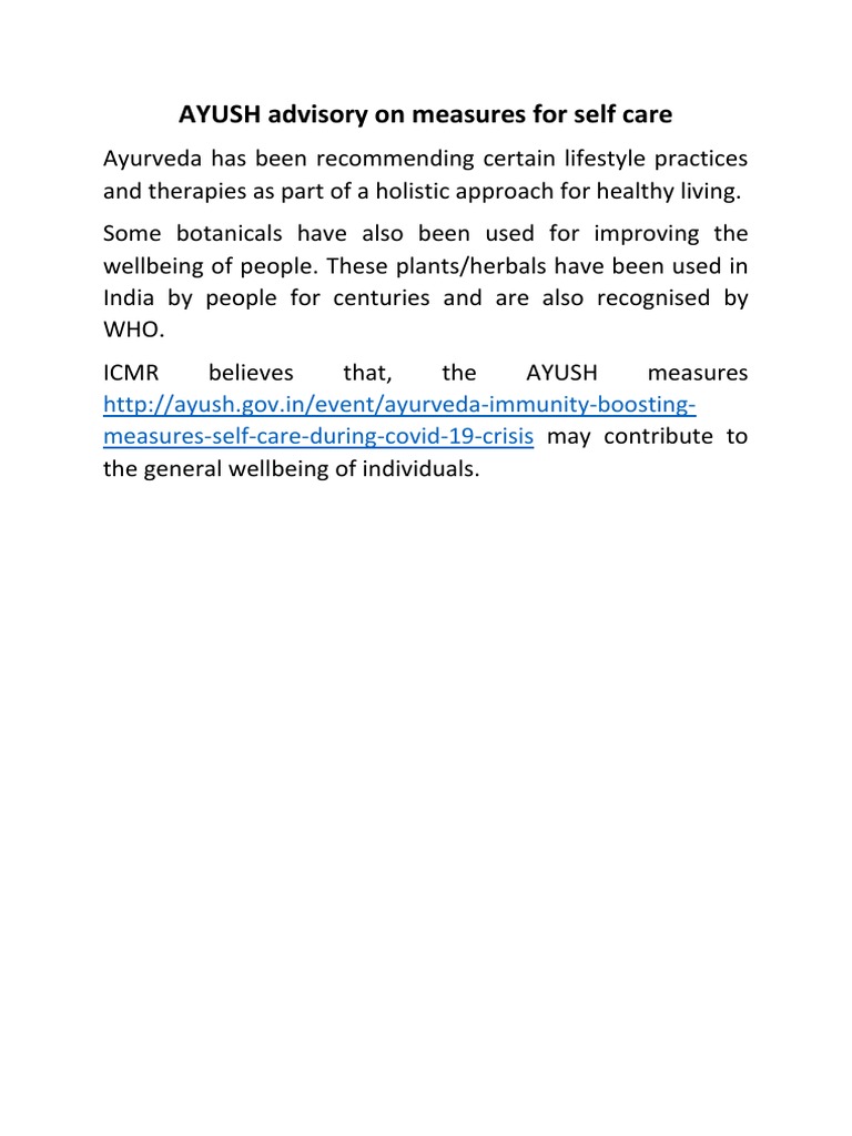 AYUSH Advisory On Measures For Self Care PDF | PDF | Self-Improvement ...