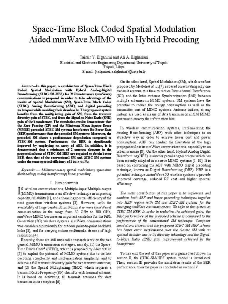 Space-Time Block Coded Spatial Modulation Aided Mmwave Mimo With Hybrid Precoding | PDF | Mimo ...