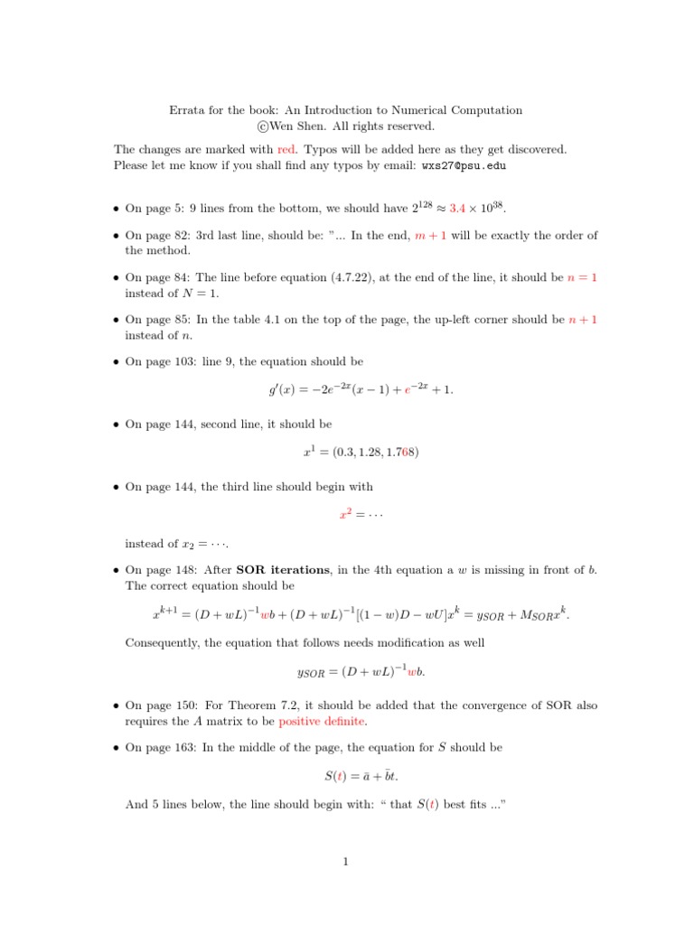 Errata An Introduction To Numerical Computation Wen Shen Pdf Numerical Analysis