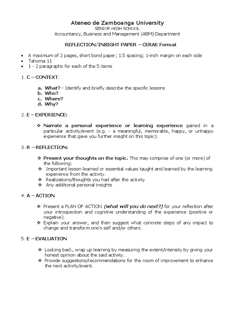 Ateneo de Zamboanga University: Reflection/Insight Paper - Cerae Format ...