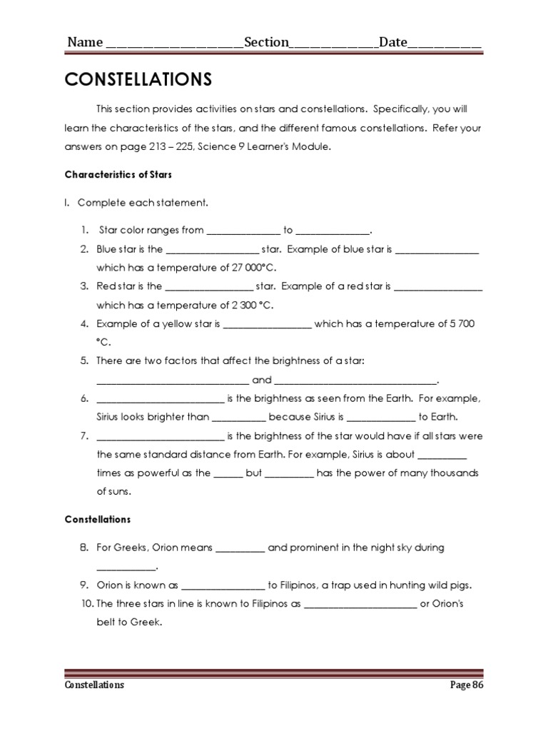 CONSTELLATIONS Workbook PDF | PDF | Stars | Night Sky