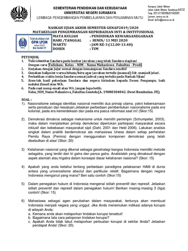 NASKAH UAS MPK PKN GENAP 2019-2020 FIX PDF | PDF | Ilmu Sosial