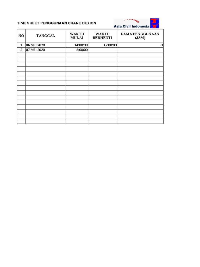 Contoh Time Sheet Crane Dexion | PDF