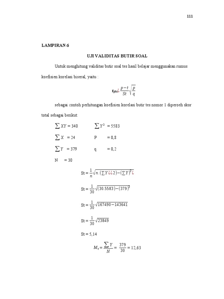 Lampiran 6 Uji Validitas Butir Soal | PDF