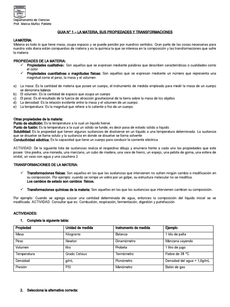 Quimica - Guia N°1 PROPIEDADES DE LA MATERIA | PDF | Importar | Masa