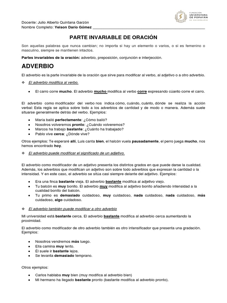 Guía Parte Invariable de La Oración | PDF | Adverbio | Unidades Semánticas