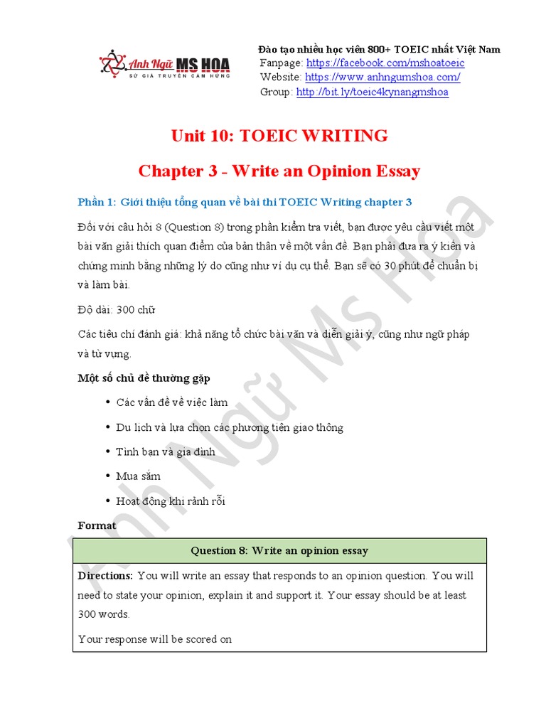 Unit 10 - TOEIC Writing Chapter 3 - Write An Opinion Essay PDF | PDF