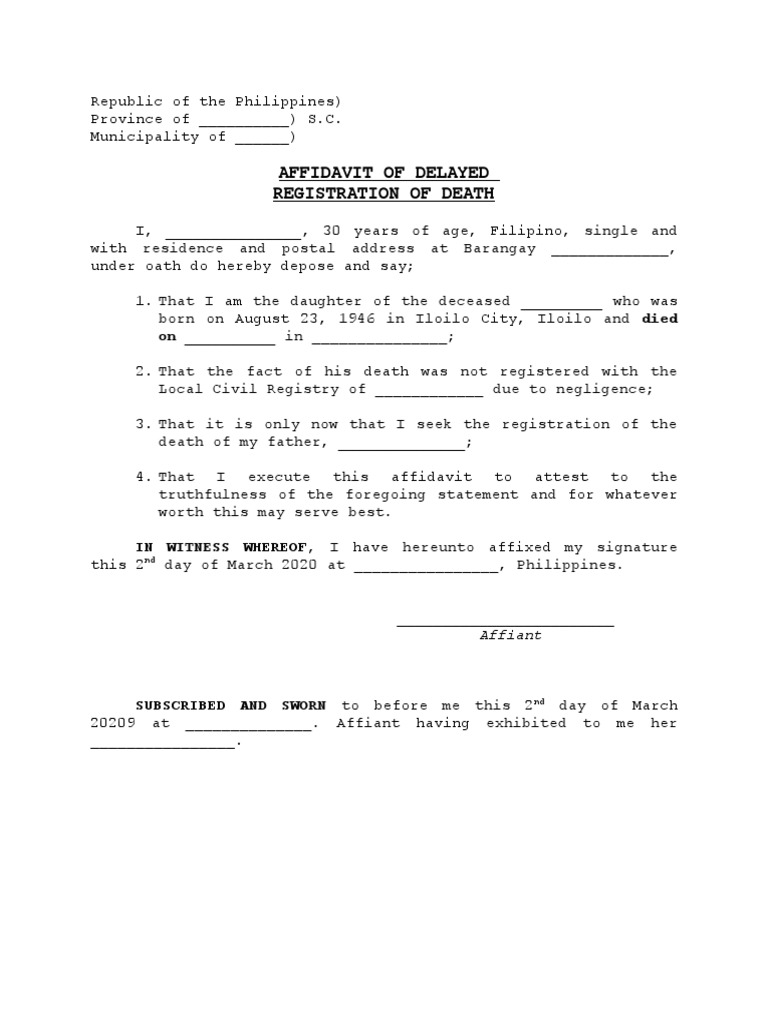 Affidavit of Delayed Registration of Death | PDF