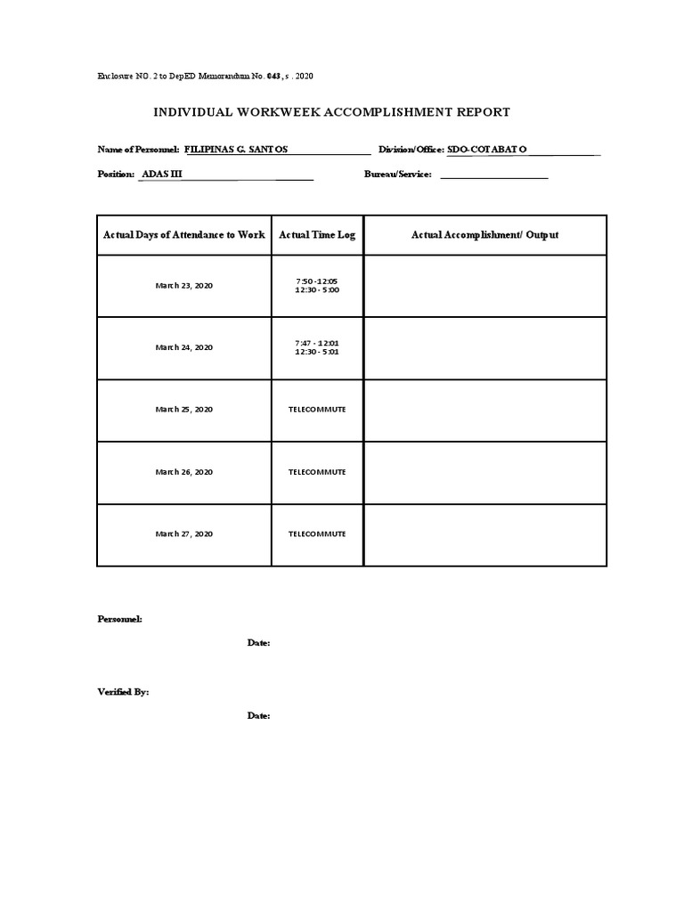 Individual Workweek Accomplishment Report | PDF