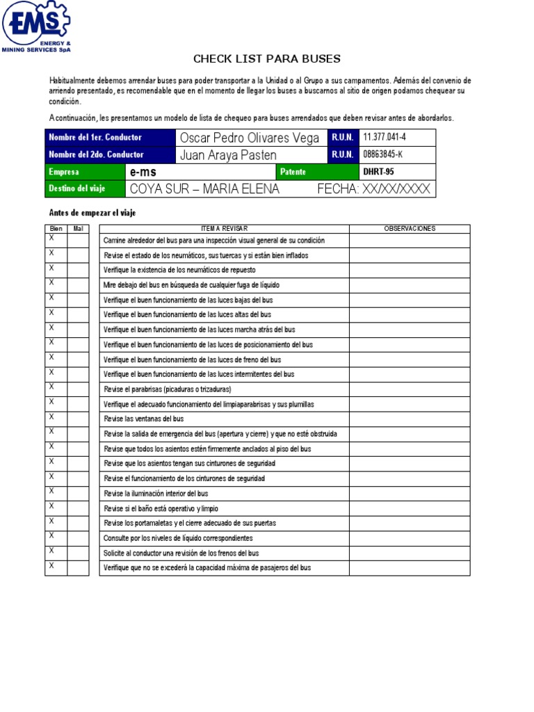 Check List para Buses PDF | PDF | Vehículos | Transporte