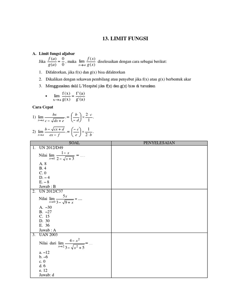 Latihan Soal Un Matematika Limit Fungsi PDF | PDF