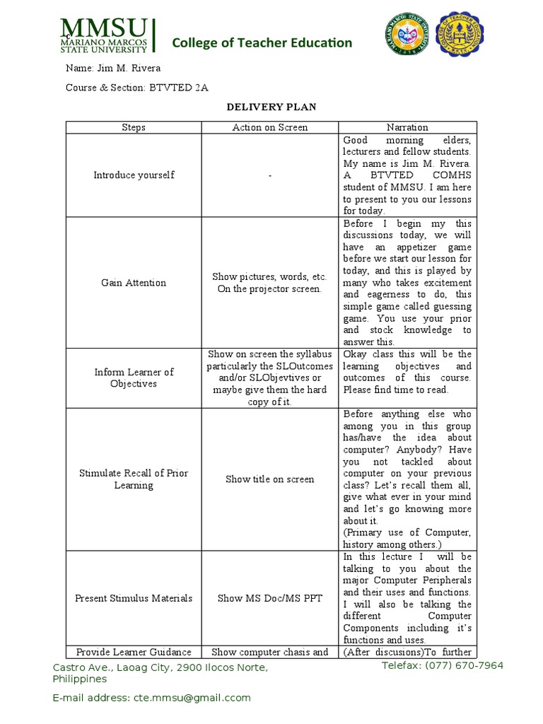 Computer Components Delivery Plan | PDF | Teaching | Learning