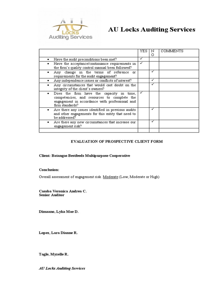 AU Locks Auditing Services: Evaluation of Prospective Client Form | PDF