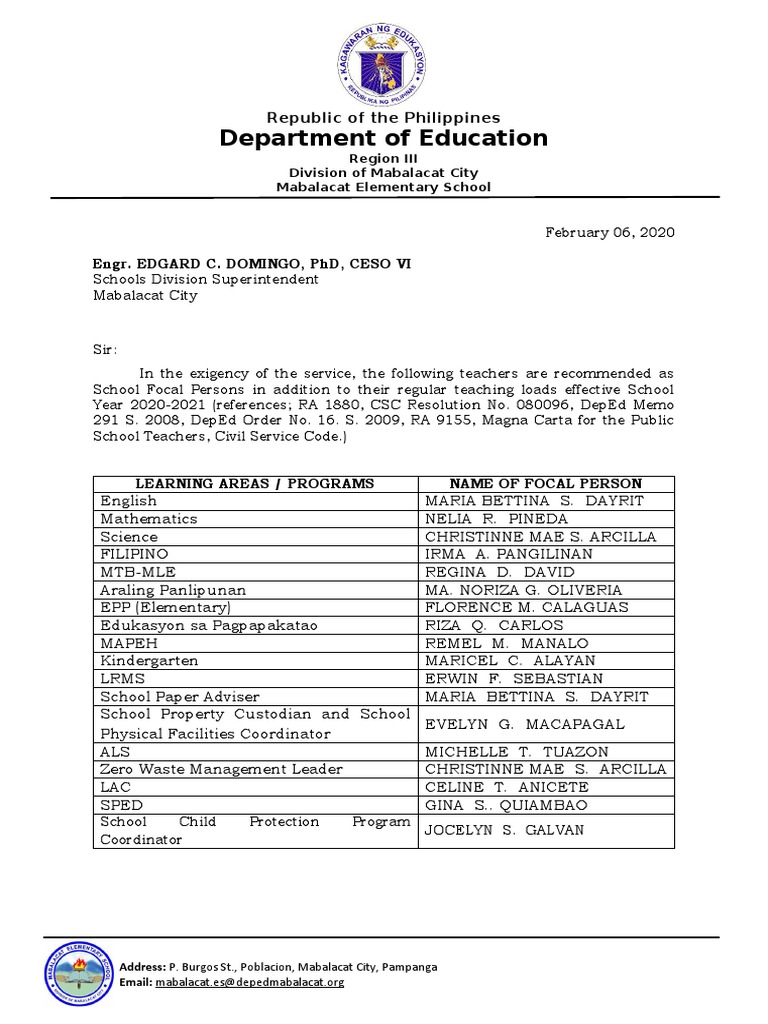 School Focal Persons | PDF | Social Institutions | Social Science