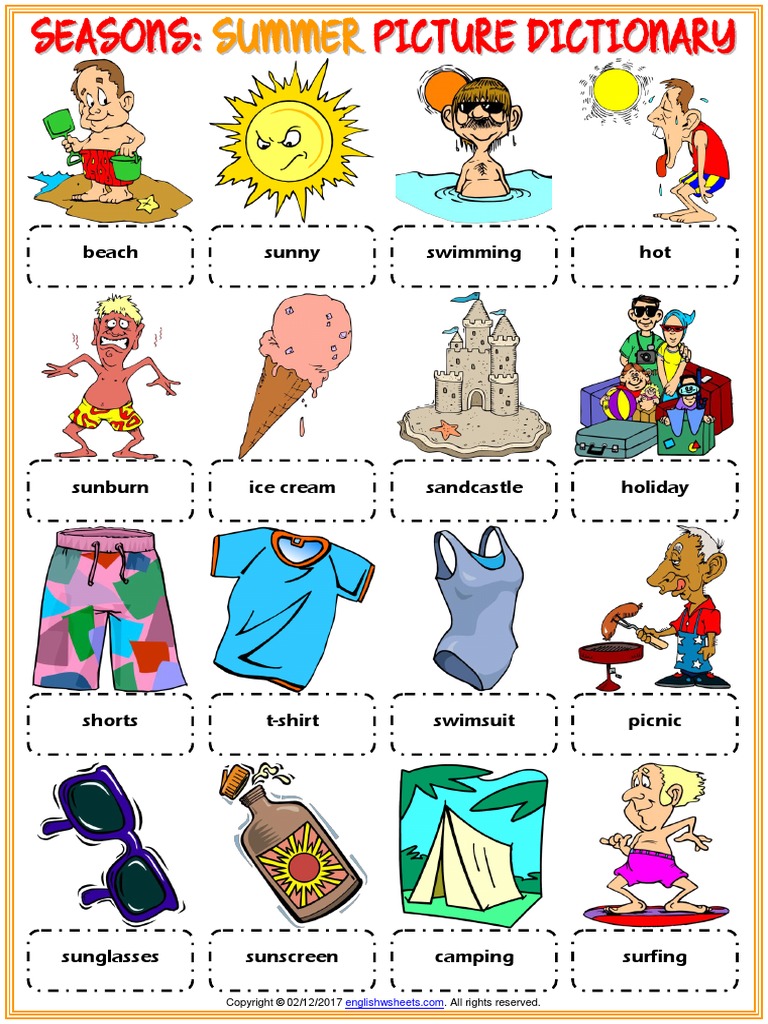 Summer Vocabulary Esl Picture Dictionary Worksheet For Kids | PDF