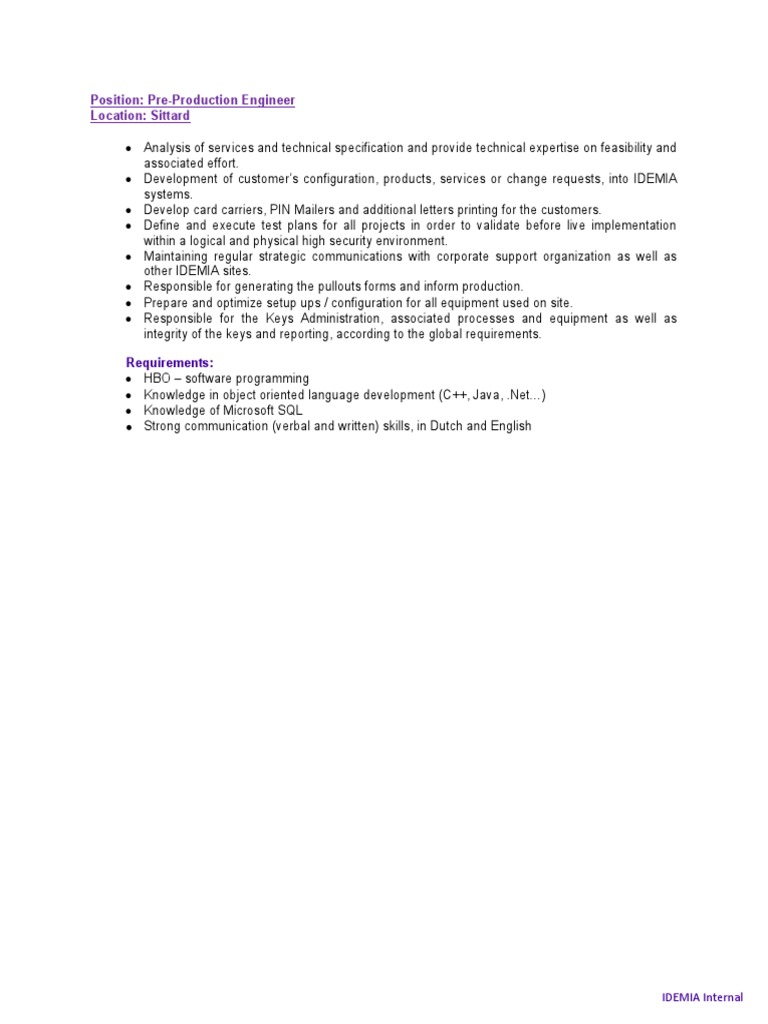 JD - Pre Production Engineer | PDF