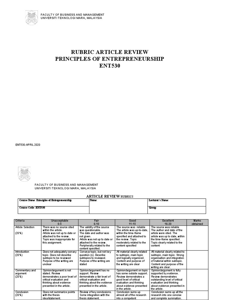 Article Review Rubrics | PDF | Summation | Argument
