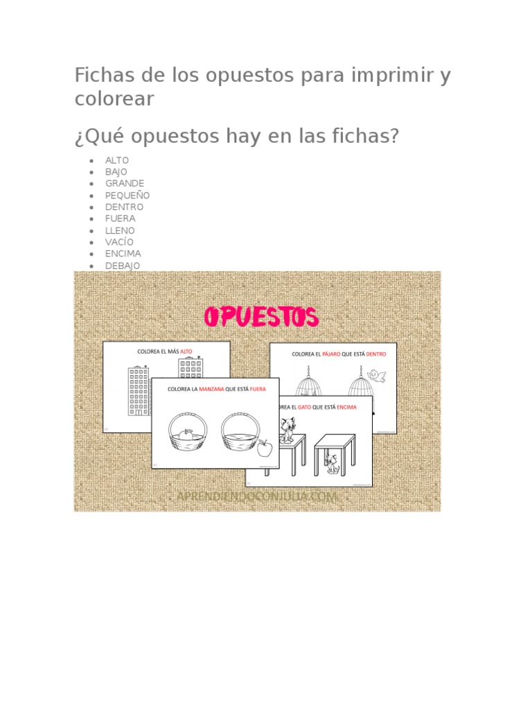 Fichas de Los Opuestos para Imprimir y Colorear | PDF
