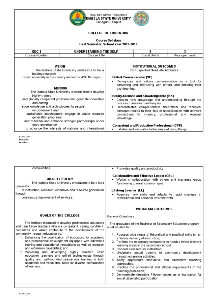Understanding the Self Syllabus | PDF | Self | Identity (Social Science)