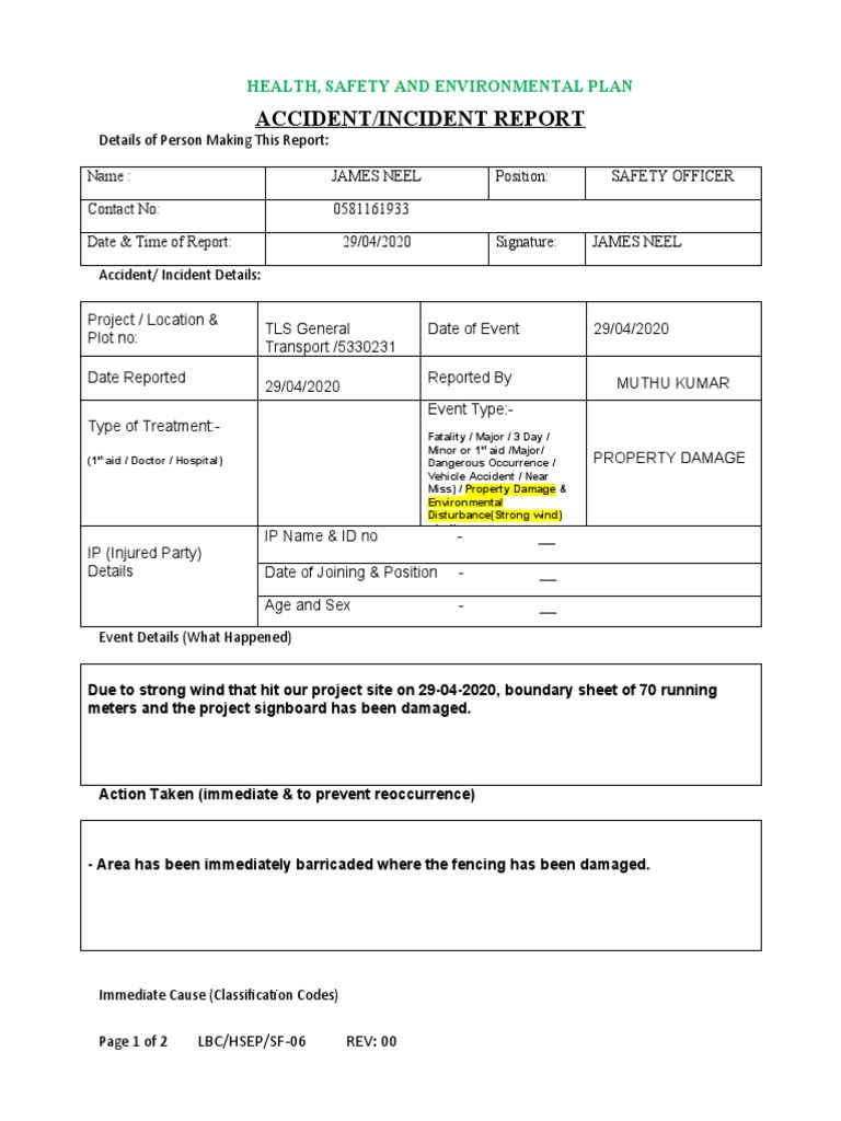 Accident/Incident Report: Health, Safety and Environmental Plan | PDF ...