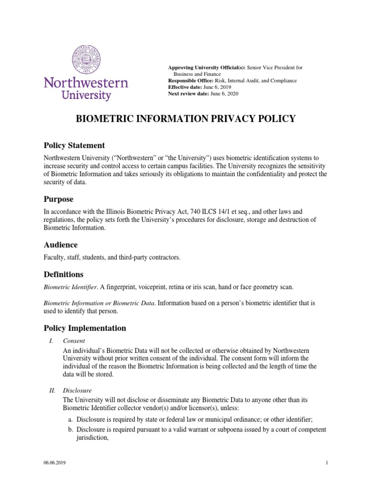 Biometric Information Privacy Policy Pdf Biometrics Discovery Law